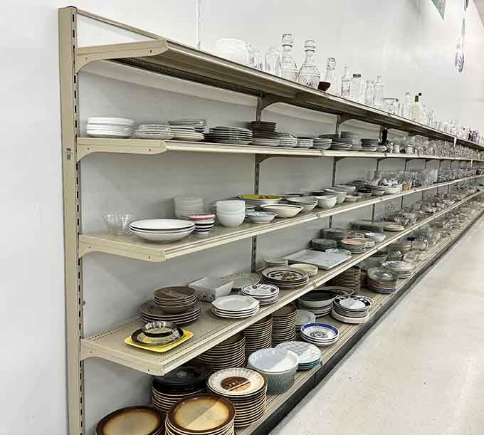 Complete dinner sets and mismatched vintage plates line these shelves like a pottery barn without the mortgage payment.