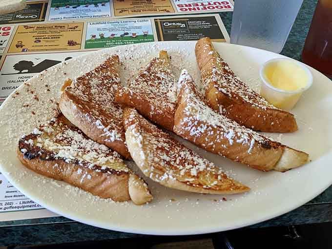 French toast dusted with powdered sugar like fresh Connecticut snow, because sometimes breakfast needs to feel like dessert.