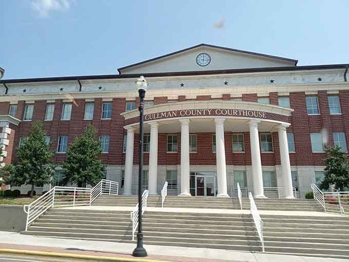 Those grand columns and patriotic stars announce civic pride louder than any speech ever could in this town.