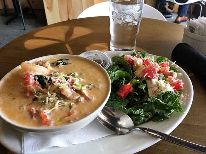 Shrimp and grits done right, with a Caesar salad that proves lunch can be both indulgent and balanced.