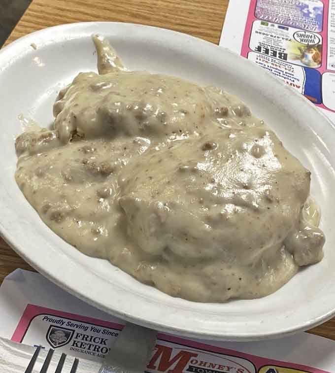 Biscuits drowning in sausage gravy, the kind of dish that makes you understand why people write love songs.