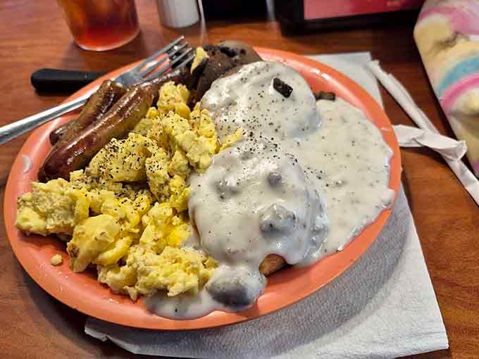 Biscuits and gravy so generous they could've fed the entire cast of "The Waltons" with leftovers.
