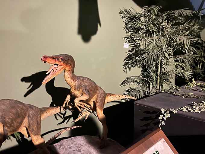 These hunting theropods are frozen mid-chase, capturing the exact moment when being prey became extremely inconvenient for someone.