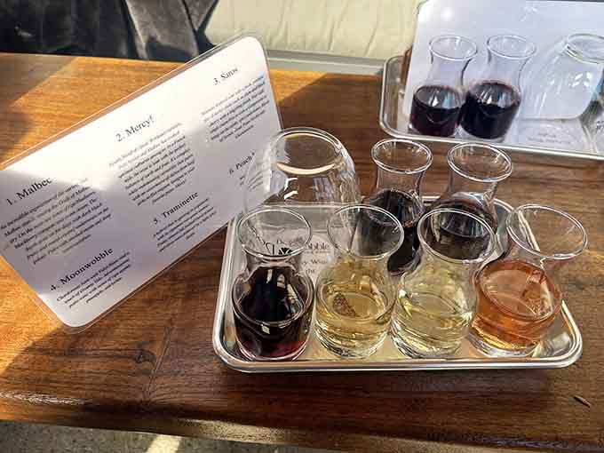 Eight different wines lined up for tasting is either excellent planning or a very optimistic assessment of your afternoon.