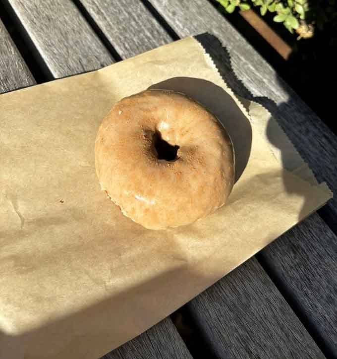 That golden glaze catches the light like edible jewelry, simple perfection on a park bench.