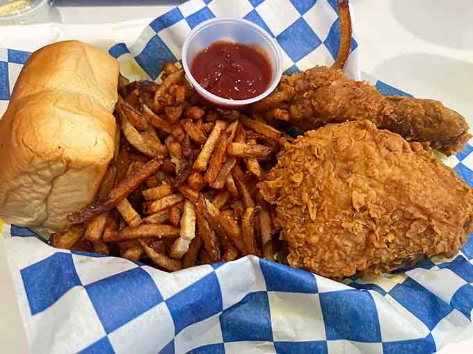 This is what happiness looks like: crispy chicken, hand-cut fries, soft rolls, and absolutely zero regrets ahead.