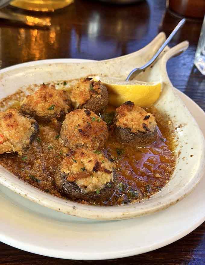 Stuffed mushrooms swimming in garlic butter, because sometimes the Germans know exactly what we need in life.
