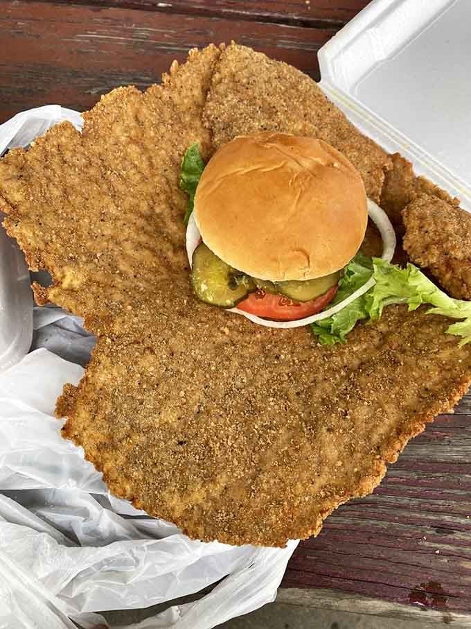 That bun doesn't stand a chance against this breaded behemoth&mdash;it's like bringing a knife to a gunfight, folks.