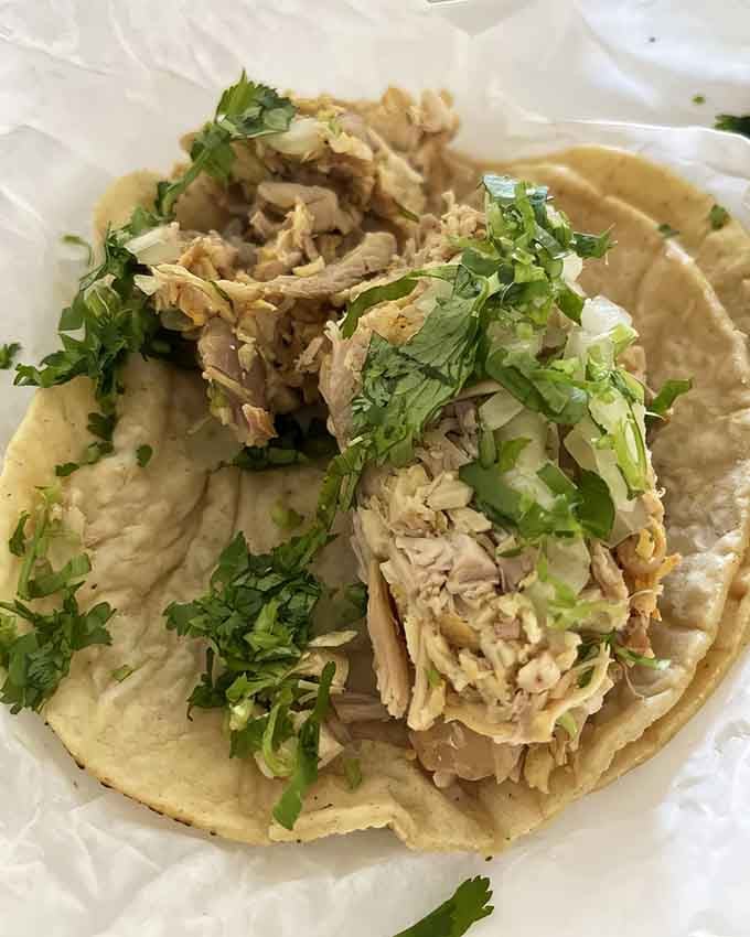 Tender chicken piled high with cilantro and onions, proving simplicity wins when done absolutely right.