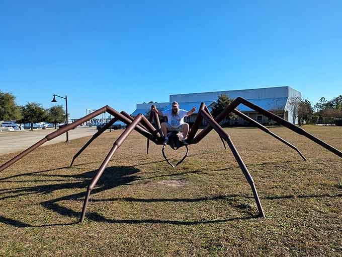 This massive metal arachnid sculpture makes you wonder if someone's been watching too many sci-fi movies, bless their heart.