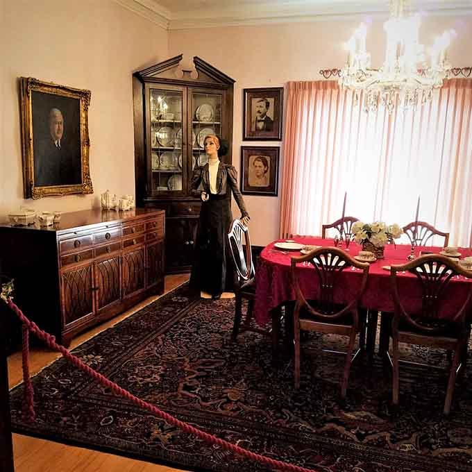 The formal dining room preserves the gracious living of an era when dinner was an event worth dressing for.