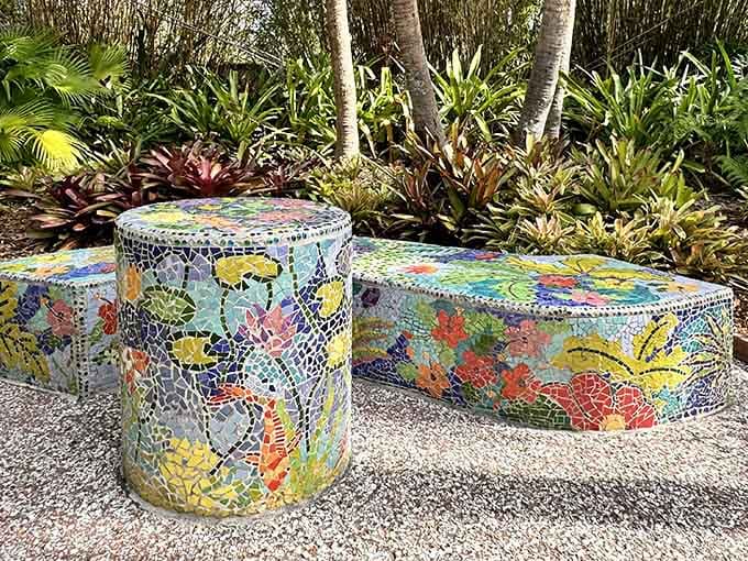 Mosaic-covered seating brings whimsical color to rest stops, turning simple benches into Instagram-worthy art installations.