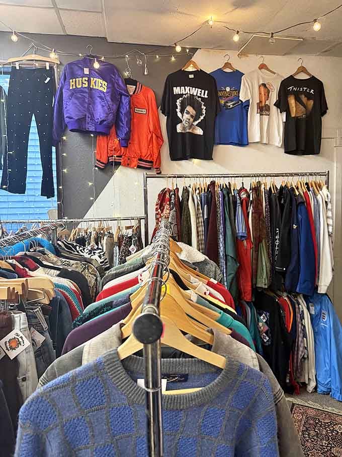 Band tees and retro jackets line the walls like a greatest hits collection you can actually wear.
