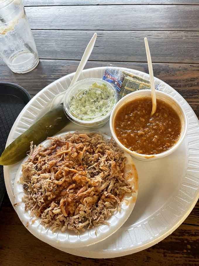 Chopped pork piled high with Brunswick stew, coleslaw, and a pickle spear is the definition of Georgia comfort on a plate.