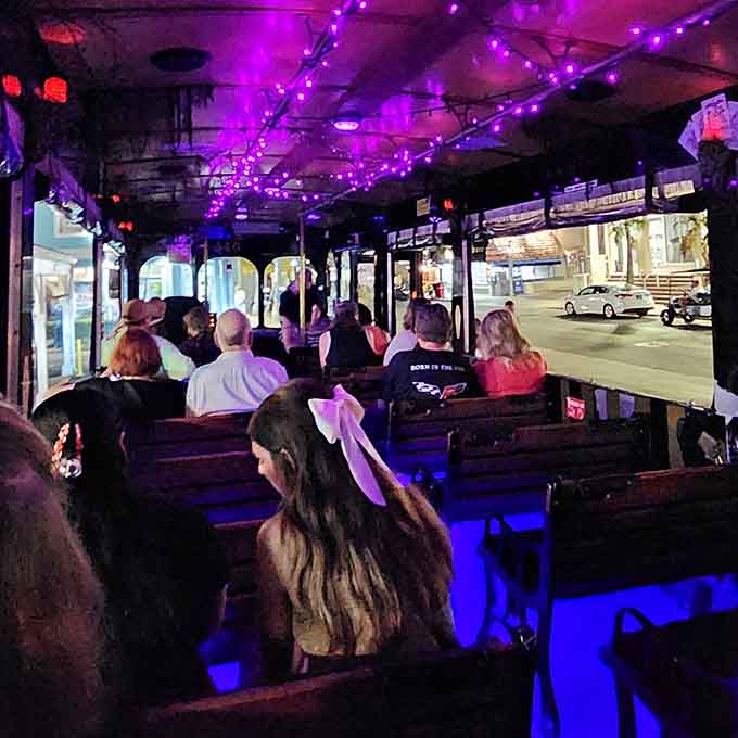 Purple lights transform ordinary passengers into willing participants in Key West's most atmospheric history lesson after dark.