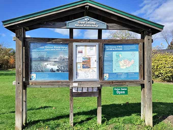 Your adventure starts at this welcoming kiosk, proving that even wilderness needs a proper introduction and trail map.
