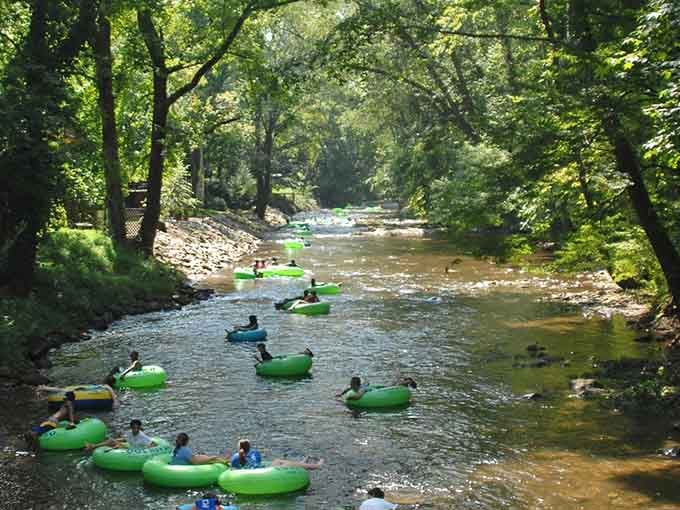 Lazy river tubing through dappled forest shade beats any water park's chlorinated chaos by a country mile.
