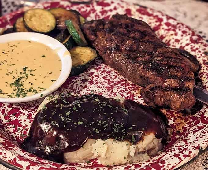 That NY strip's char and marbling alongside creamy soup proves patience pays off in flavor dividends.