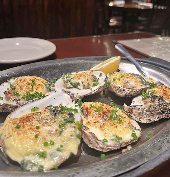 Oysters Rockefeller so golden and bubbly, they look like they're ready for their close-up on a cooking show.