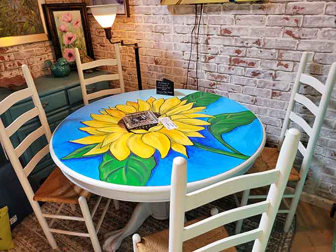 That sunflower table proves someone understood that furniture doesn't have to be boring to be functional and beautiful.