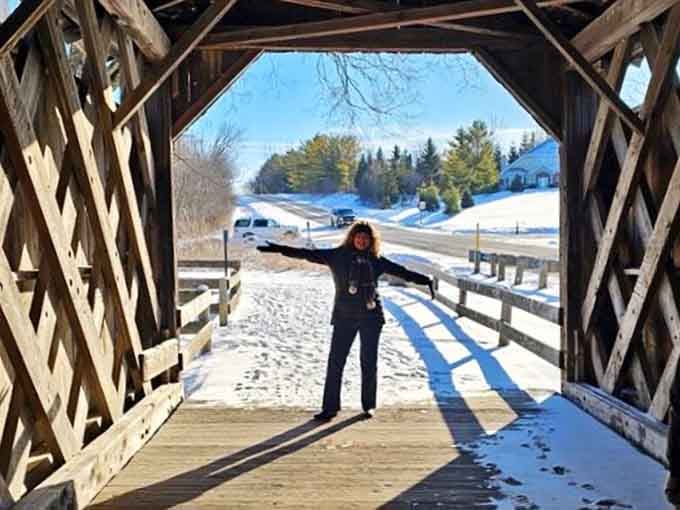 Winter transforms the bridge into a snow-globe scene, minus the shaking and the tiny plastic trees inside.