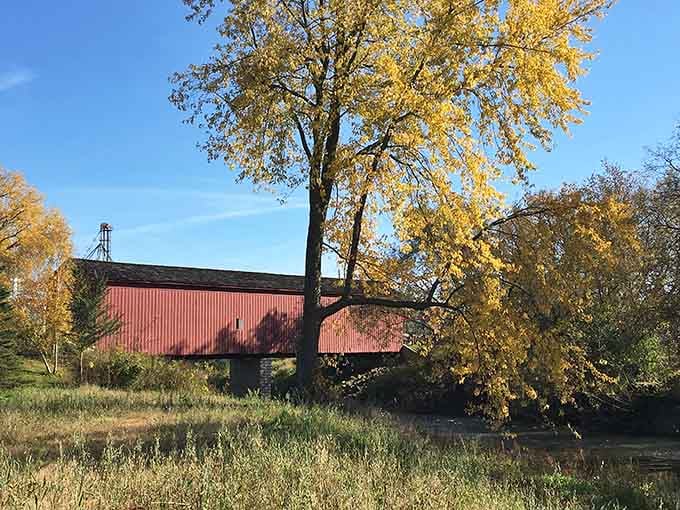 From this angle, the bridge looks like it wandered off a New England postcard and settled in Minnesota.