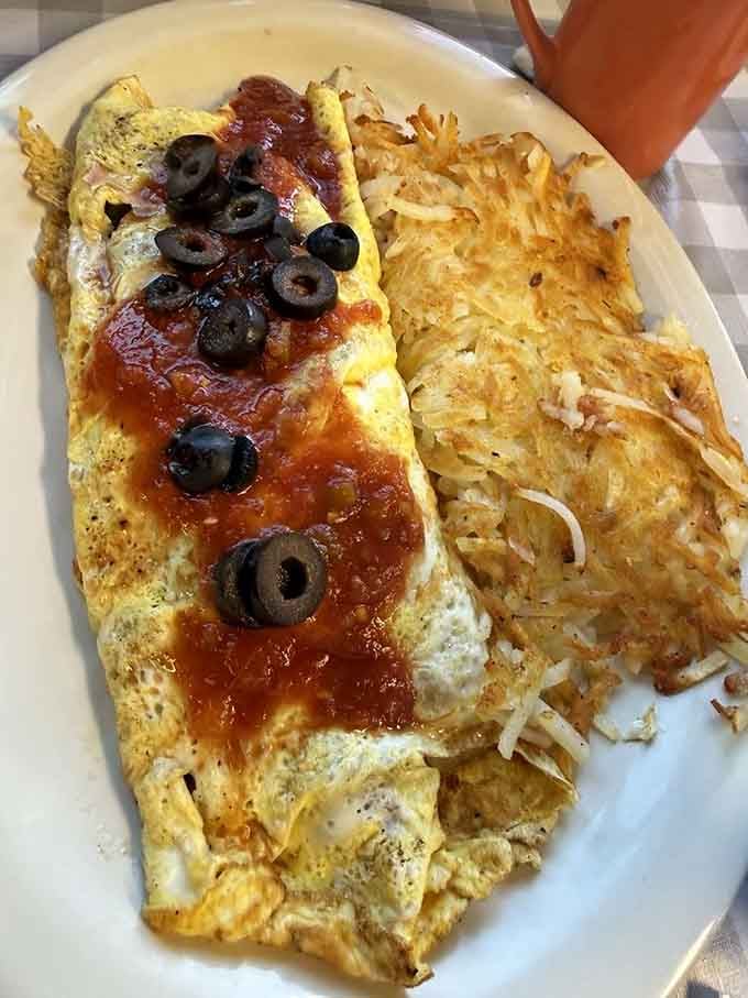 That Mexican omelet loaded with salsa and olives proves that breakfast doesn't have to be boring to be traditional.