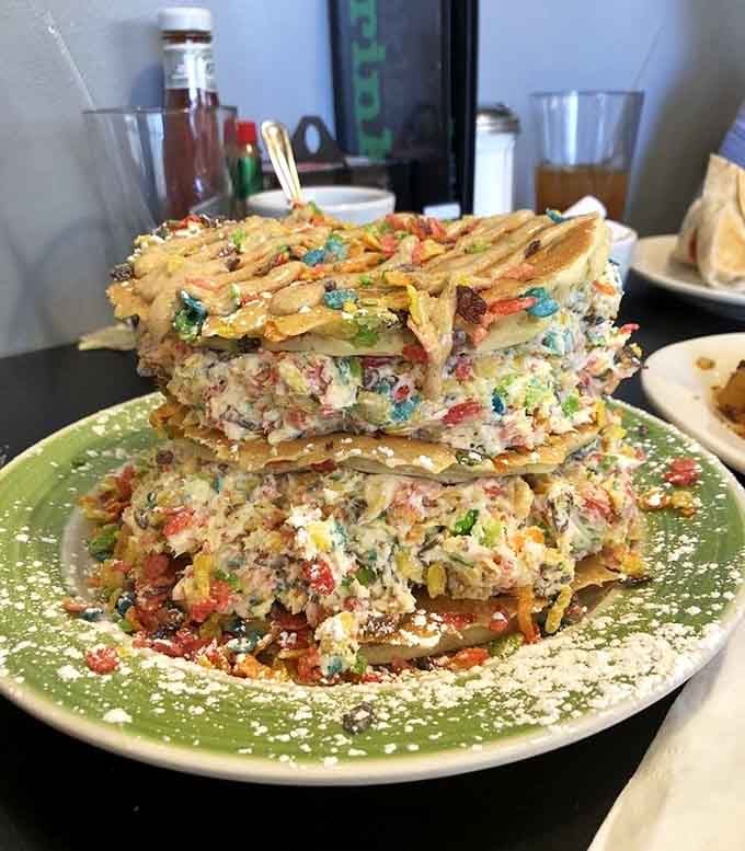 This towering stack of colorful pancakes defies gravity and possibly several laws of physics simultaneously.