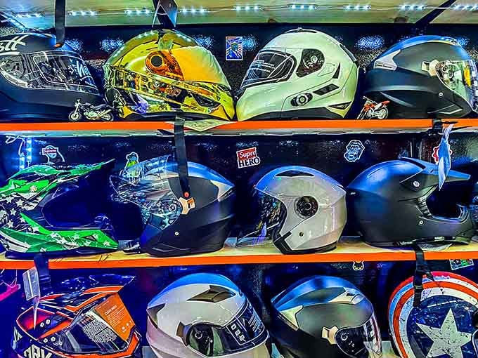 Motorcycle helmets in every style imaginable, from sleek and sophisticated to "I'm auditioning for a superhero movie."