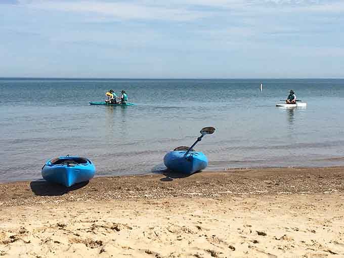 Kayaks resting after adventure, because even watercraft need a breather between lake explorations.