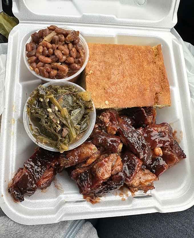 These burnt ends with their classic sides prove that sometimes the best things come in styrofoam containers.