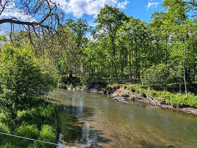 The winding creek offers nature's soundtrack while kids burn energy on nearby equipment, everyone wins here.