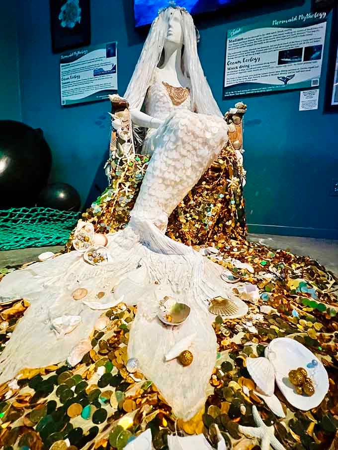 This ethereal mermaid sculpture draped in shells and sequins looks ready for the most glamorous underwater wedding ever.