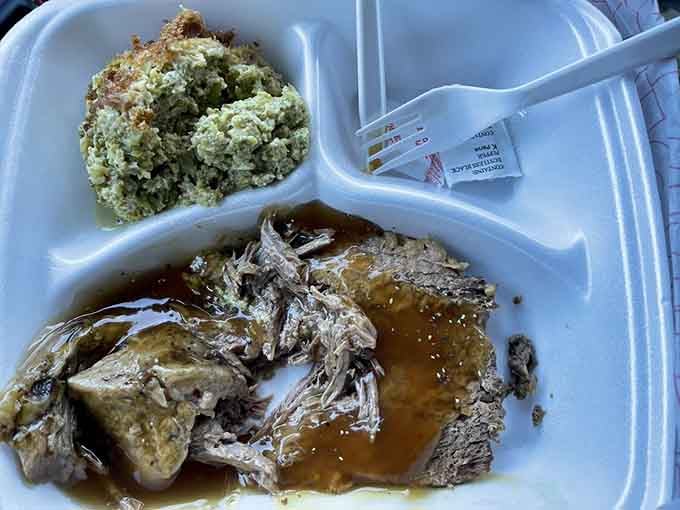 Tender roast beef paired with broccoli casserole shows how cafeterias turn humble ingredients into pure comfort magic.