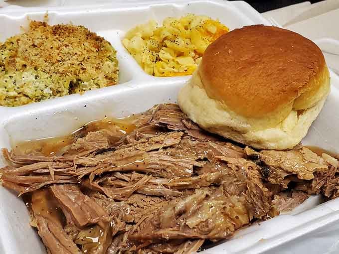 Tender roast beef with broccoli casserole and mac and cheese proves comfort food doesn't need a fancy presentation.