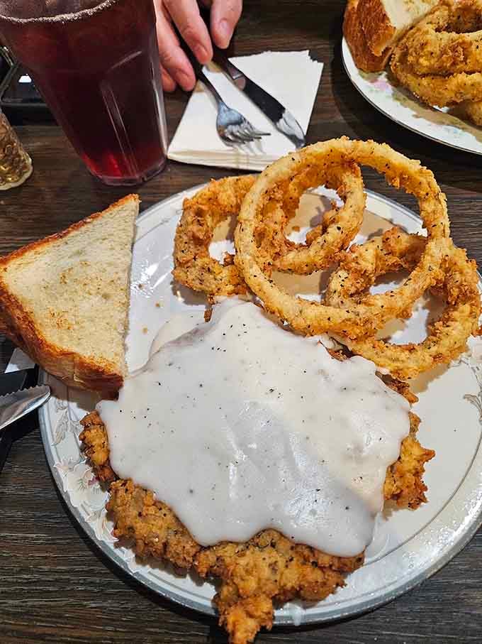 That chicken fried steak blanket of gravy could make a vegetarian reconsider their entire life philosophy immediately.