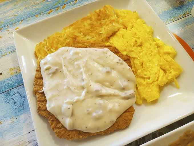 Chicken fried steak with country gravy that would make your grandmother proud, assuming she was from Texas.