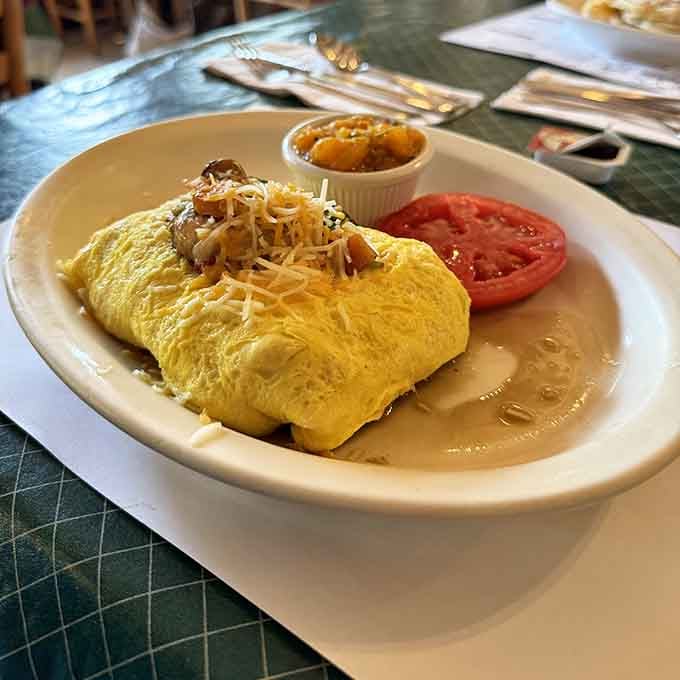That omelet is so perfectly golden and fluffy, it could teach a masterclass in egg folding techniques.