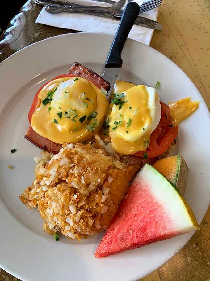 Eggs Benedict done right, with hollandaise that actually tastes homemade and poached eggs achieving perfection.