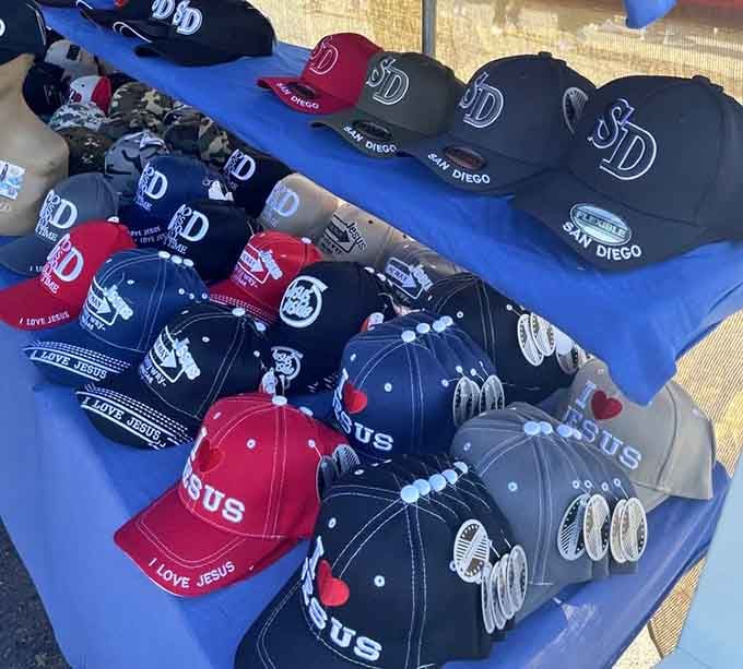 San Diego pride on display, because nothing says local loyalty like a baseball cap collection that rivals Cooperstown's.