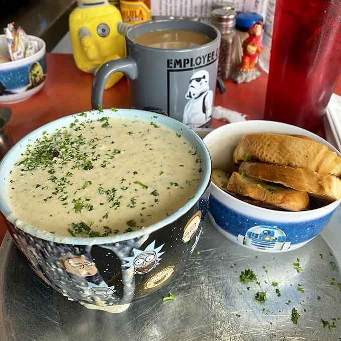Potato leek soup served in a bowl decorated with pop culture icons is exactly the kind of whimsy we need.