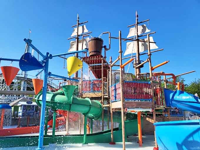 The pirate ship water play area turns kids into swashbucklers without any of the actual danger or scurvy.