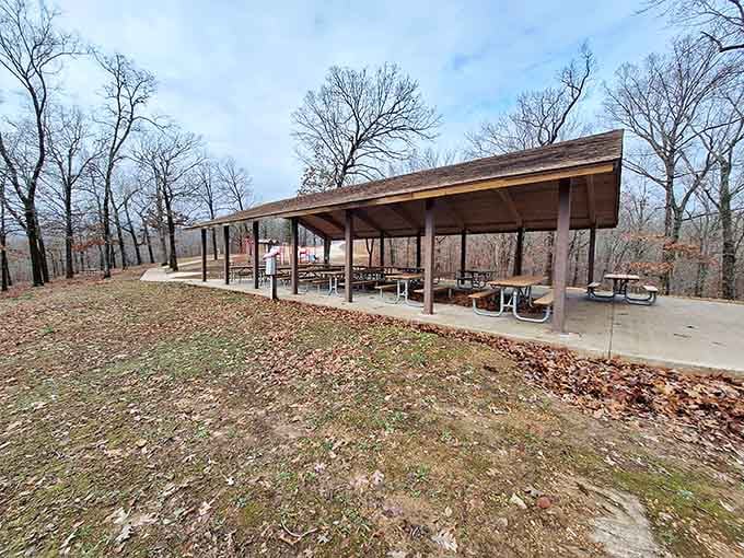 This covered pavilion proves that even picnics deserve a little shelter from Missouri's occasionally dramatic weather patterns.