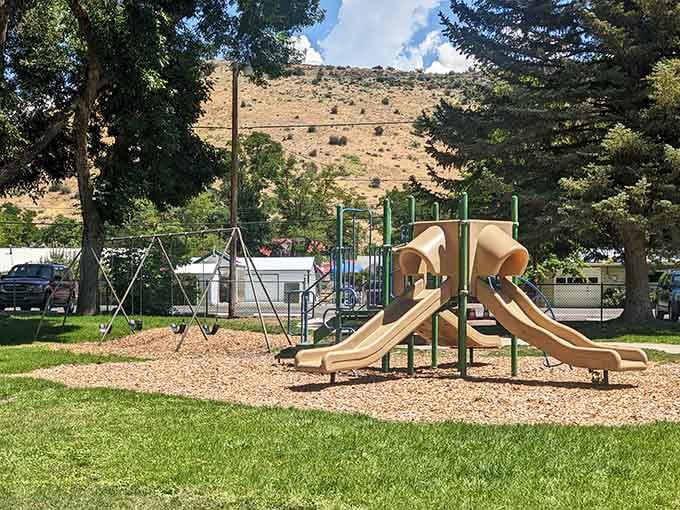 McDonald City Park offers green space and playground fun with those dramatic high desert hills watching over.