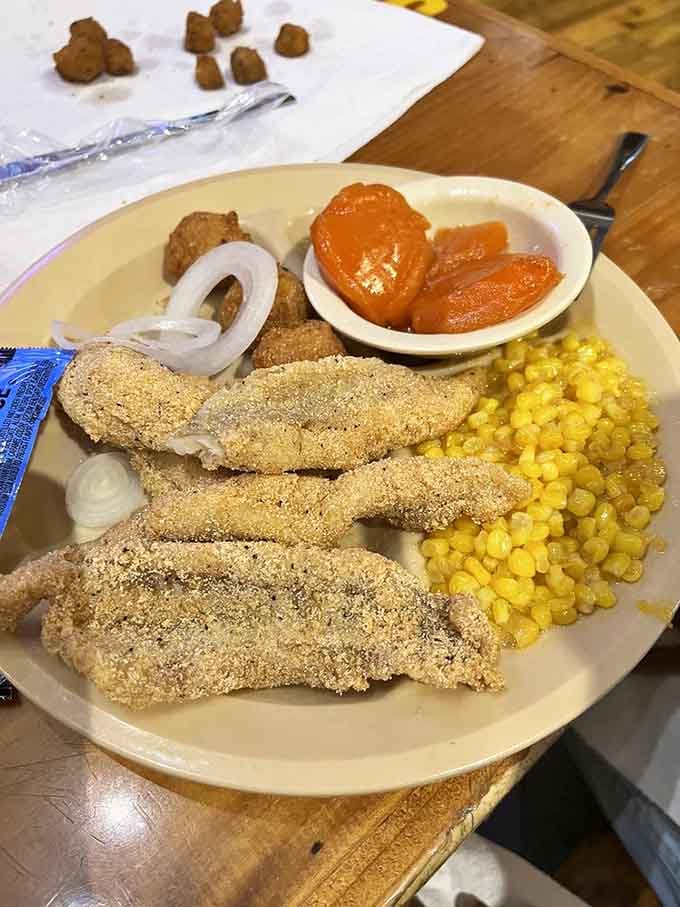 Golden cornmeal-crusted catfish flanked by sweet apricots and corn proves Missouri knows exactly what it's doing with freshwater fish.