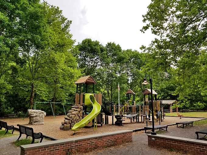 Even the playground equipment looks charming here, giving kids a place to burn energy while parents recover from antiquing marathons.