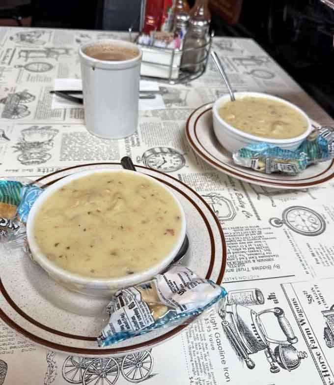 Clam chowder served on vintage newspaper placemats adds nostalgic charm to every creamy spoonful.