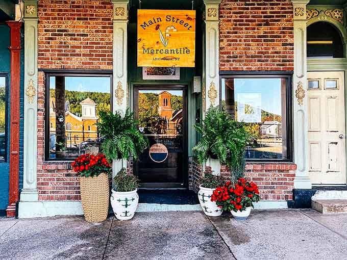 Main Street Mercantile welcomes you with planters that say "we care about details" louder than any billboard ever could.