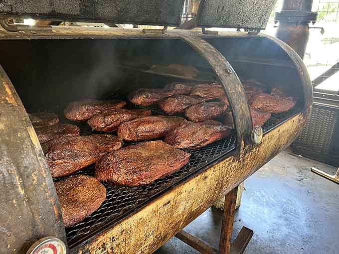 Briskets resting on the smoker like sunbathers at a very exclusive, very delicious resort where admission requires serious patience.