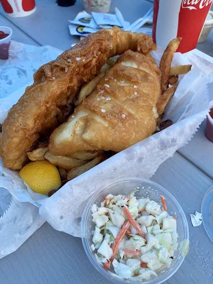 That perfectly fried fish with a lemon wedge and fresh coleslaw looks like a postcard from seafood heaven.